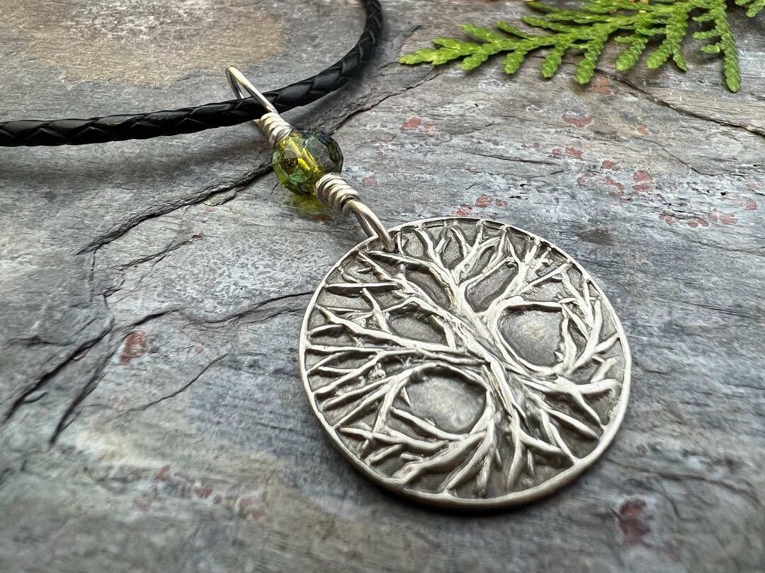 Celtic Tree of Life Pendant, Sterling Silver, Green Czech Glass, Sacred ...