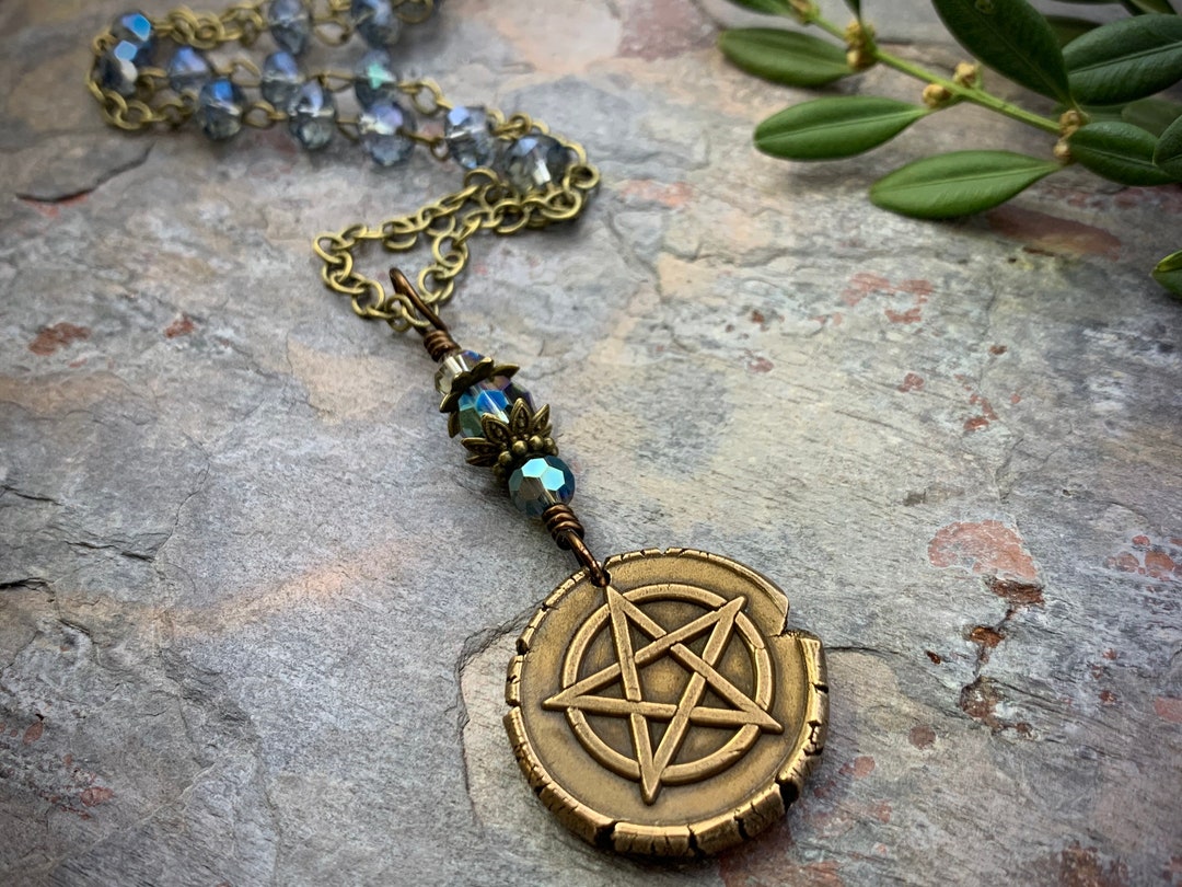 Pentagram Charm Necklace, Blue Crystal Beads, 5 Elements, Long Pentacle ...