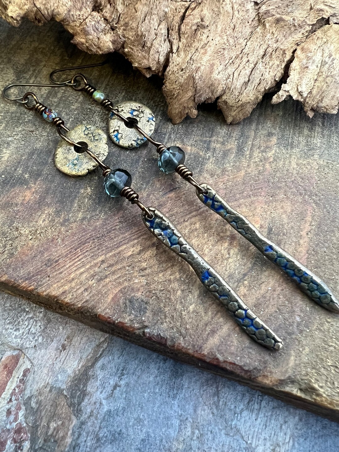 Bronze Dangle Drop Earrings, Coral Fossil Texture, Czech Glass Beads ...
