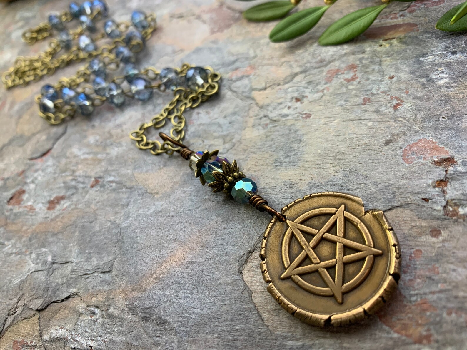 Pentagram Charm Necklace Blue Crystal Beads 5 Elements Long | Etsy