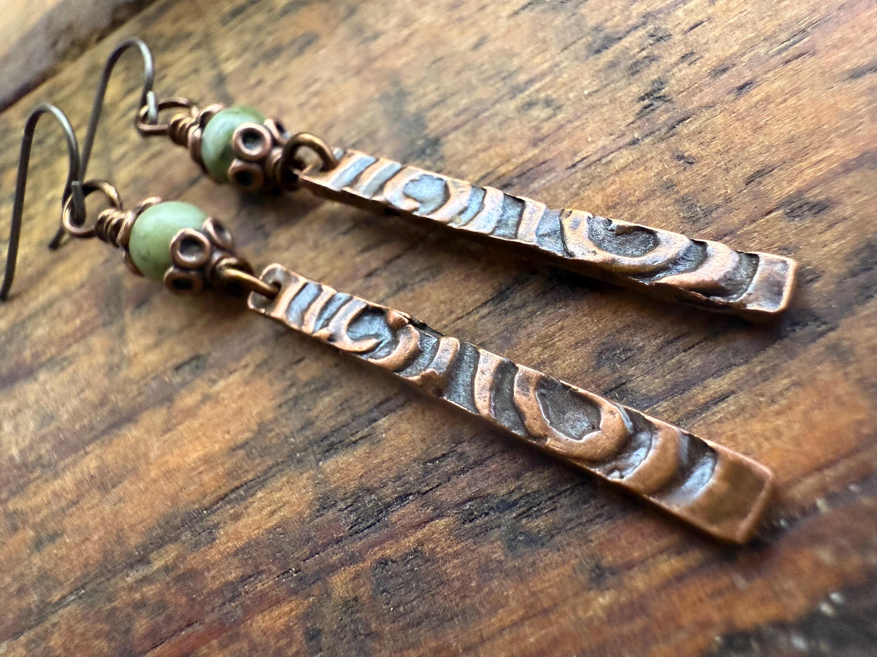 Copper Dangle Stick Earrings, Connemara Marble Bead, Long Skinny ...