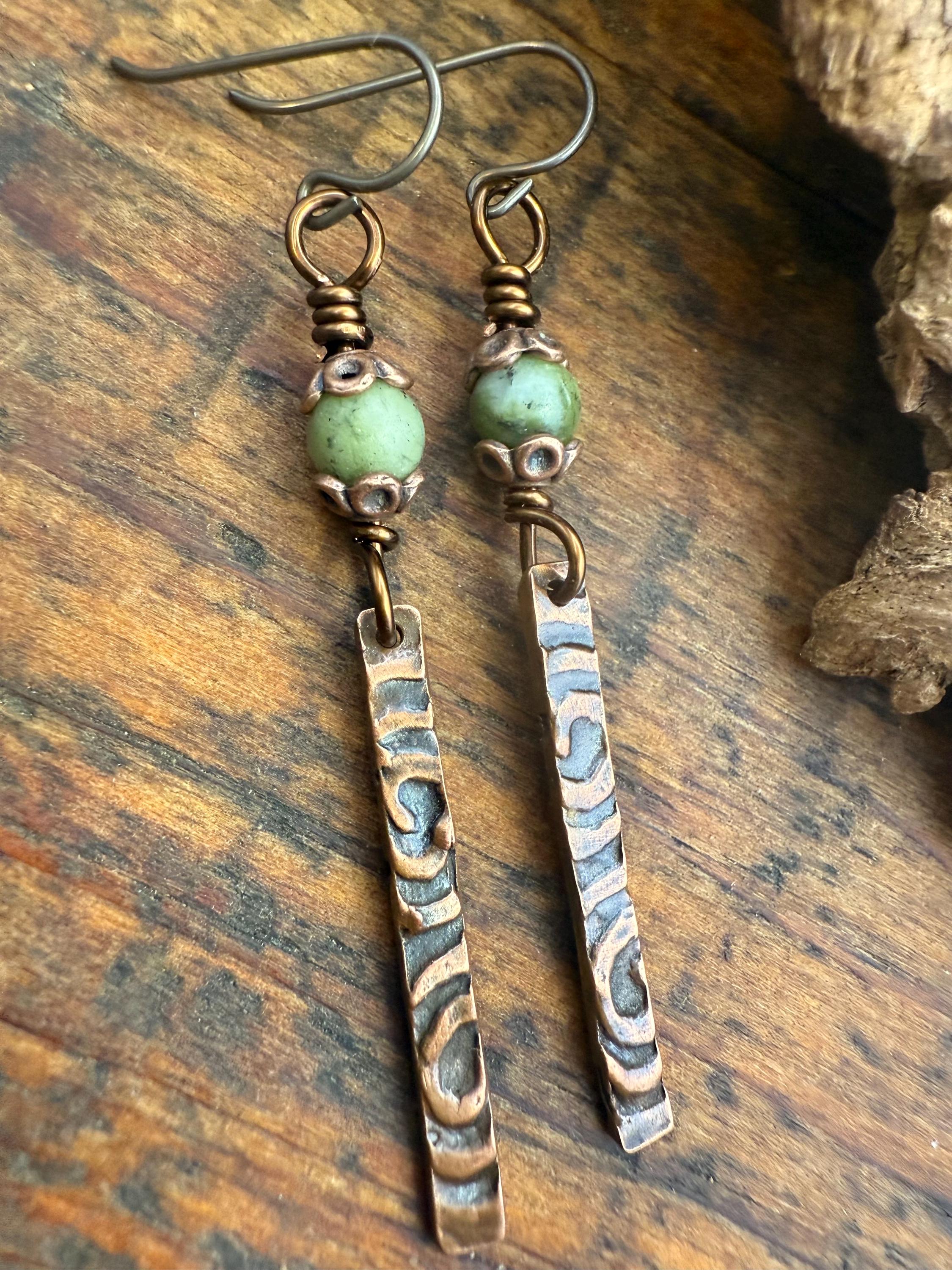 Copper Dangle Stick Earrings, Connemara Marble Bead, Long Skinny ...