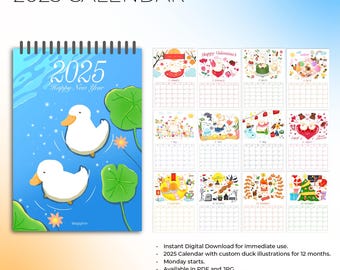 Cute Duck Open Printable Calendar, Digital Download Calendar, Instant ...