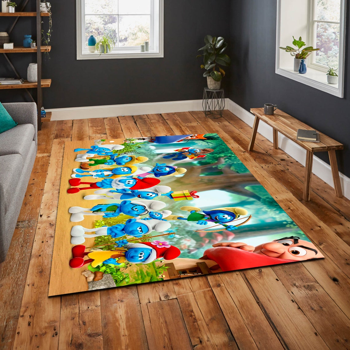 The Smurfs Cartoon Character Rug for Kids Room, the Smurfs Natural Rug ...