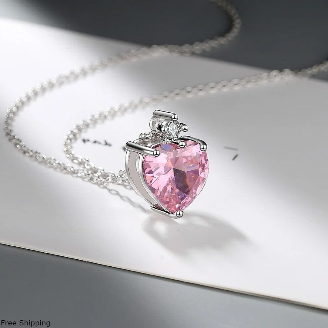 Pink CZ Heart Silver Pendant Necklace, Pink Love Heart Necklace ...