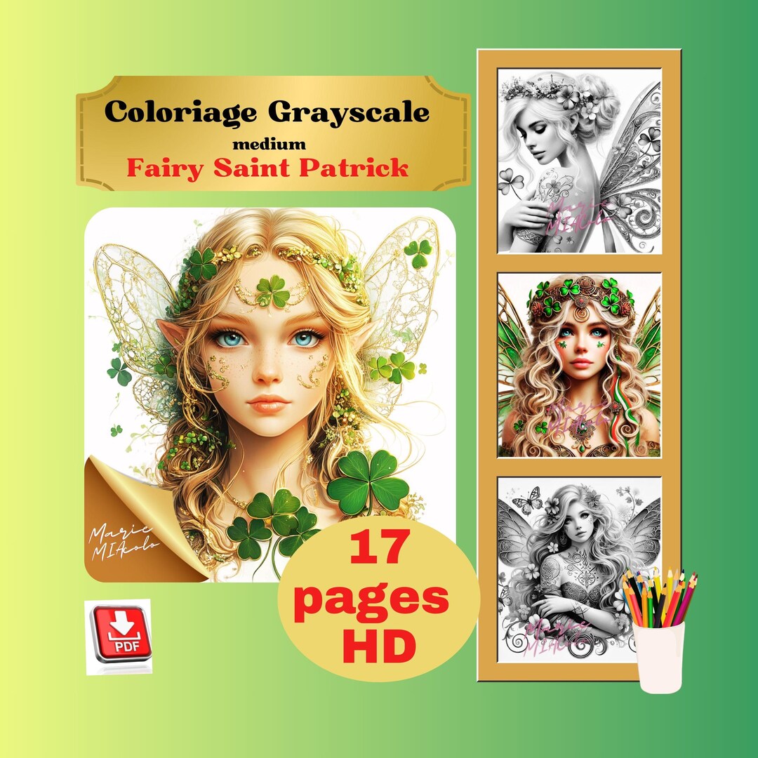 17 Grayscale Medium Coloring Pages. Beautiful Saint Patrick Fairies ...