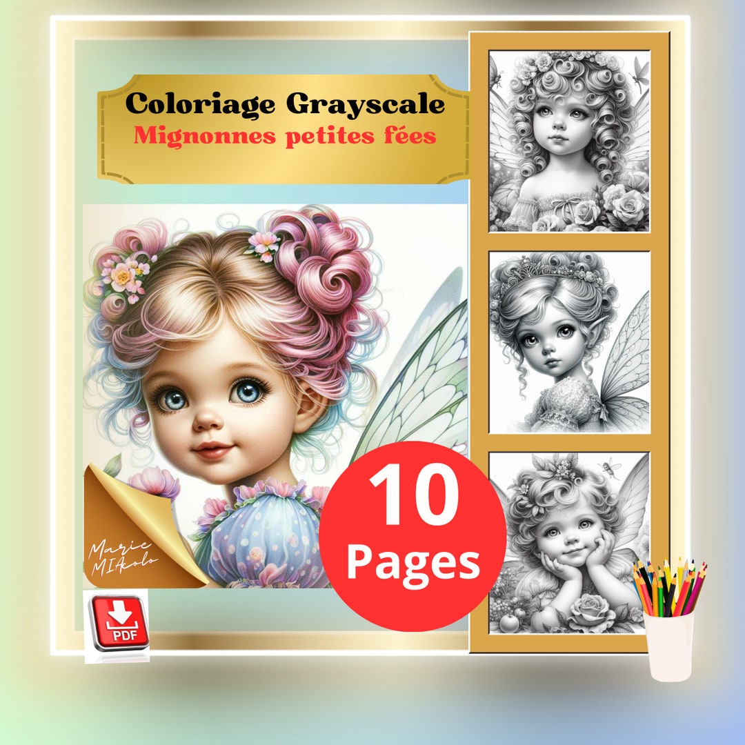 10 Pages De Coloriage Grayscale, Mignonnes Petites Fées Vintage ...
