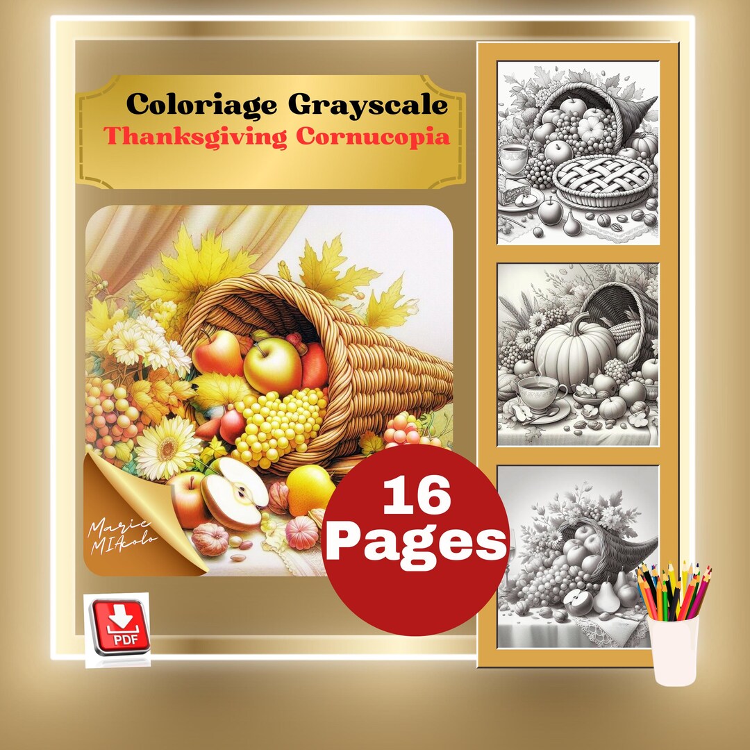 16 Adult Coloring Pages, Grayscale Dark and Light, Thanksgiving ...