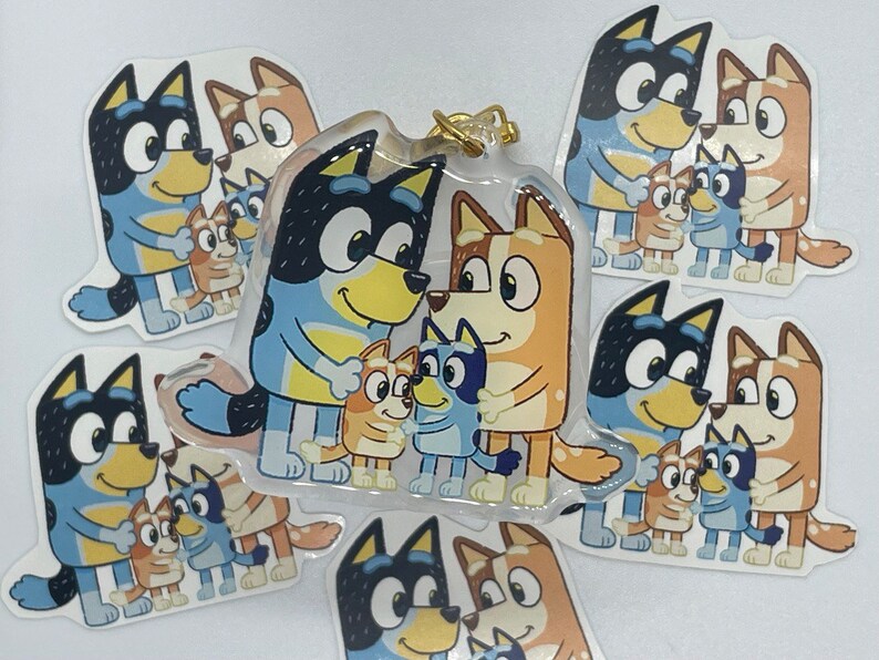Bluey Show Inspired Acrylic Charm and Sticker bluey, Bingo, Bandit and ...