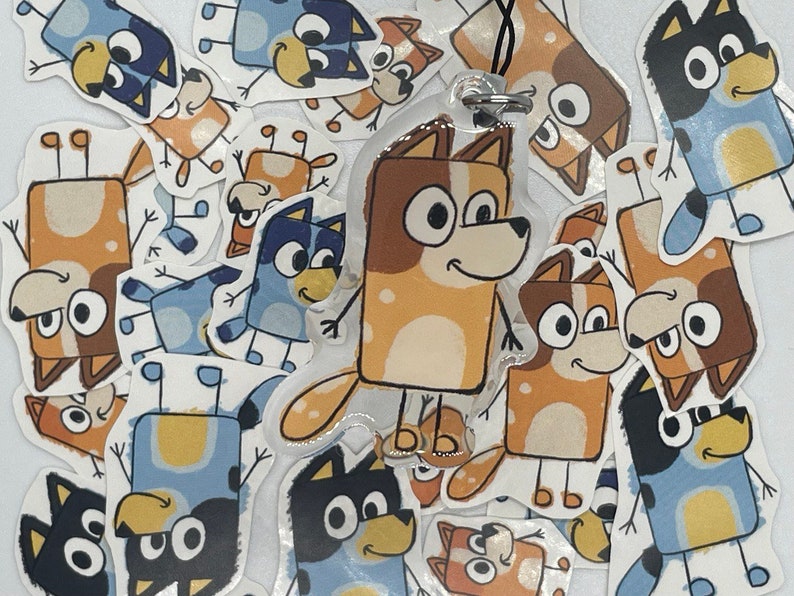 Bluey Show Inspired Acrylic Charm and Sticker bluey, Bingo, Bandit and ...
