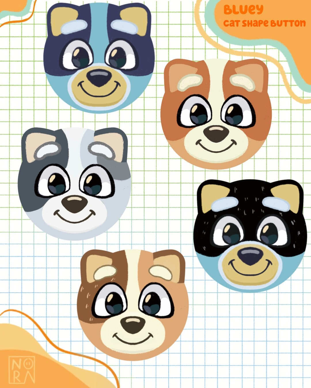 Bluey Inspired Cat Ear Shape Button Bluey, Bingo, Bandit, Chilli and ...