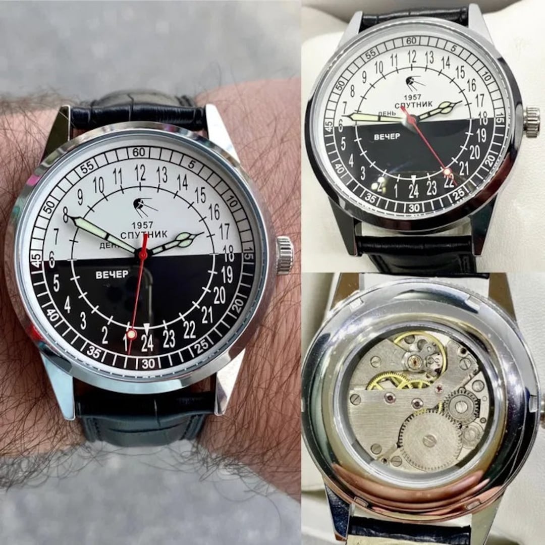 Raketa Watch 24h Mechanical Russian Mens Soviet Day Night Dial Sputnik ...