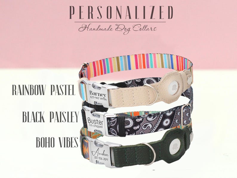 Printed Nylon & Leather Dog Collar With AirTag Pocket, Personalized Air ...