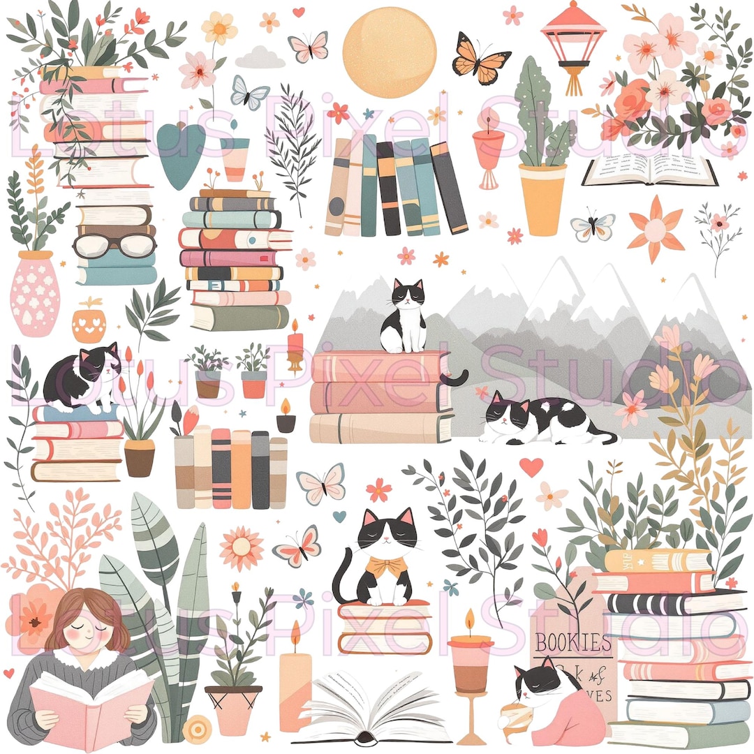 50 Book Lover Clipart PNG Bundle | Vintage Floral Woman Reading ...