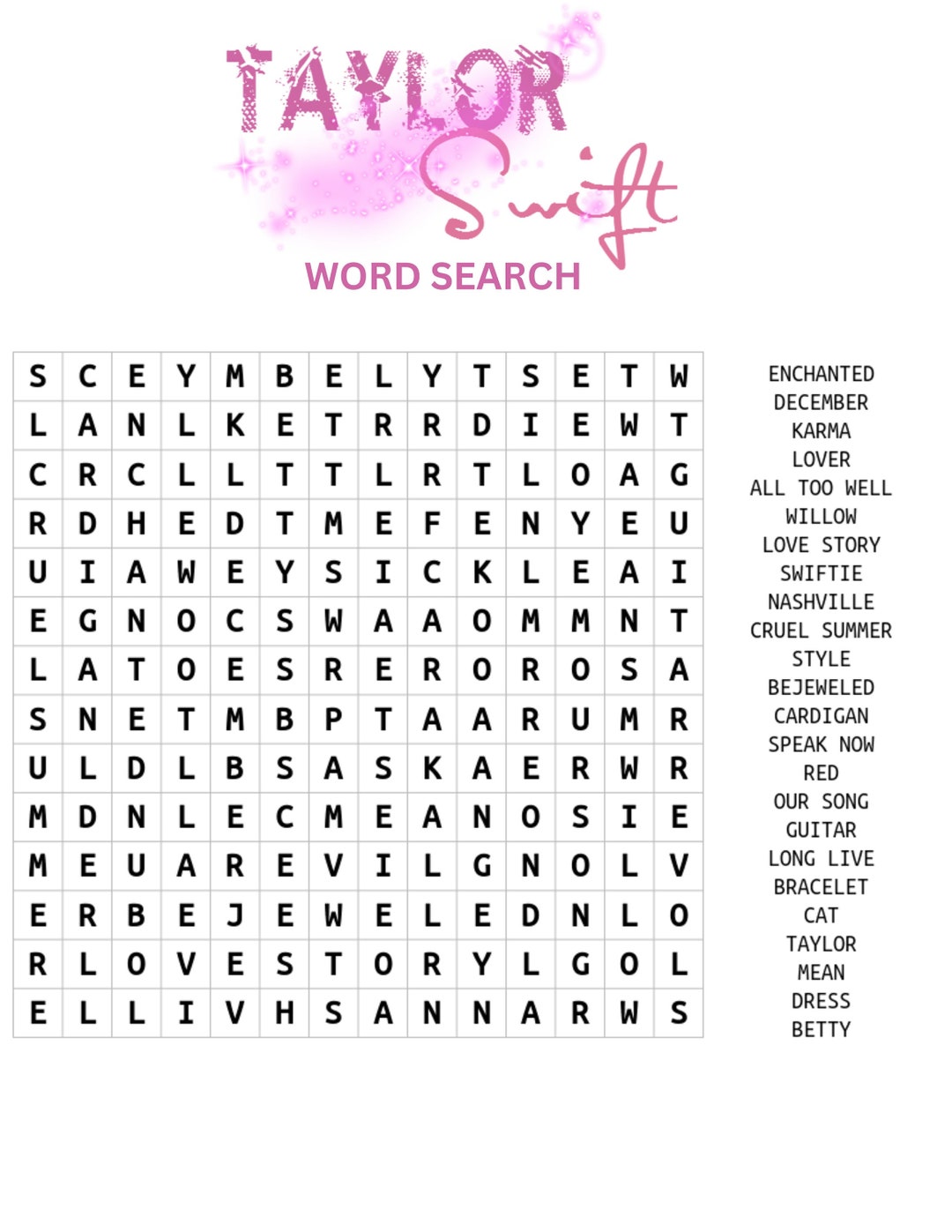 Taylor Swift Word Search Activity Page I Taylor Activity Page I ...