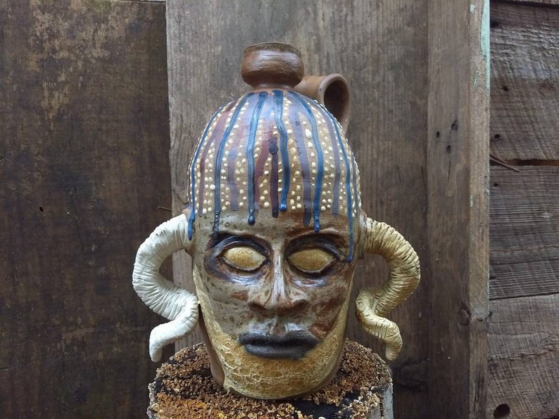 Large Devil FACE JUG by Joel Patton Ram Horns - Etsy