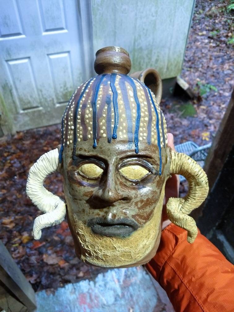 Large Devil FACE JUG by Joel Patton Ram Horns | Etsy