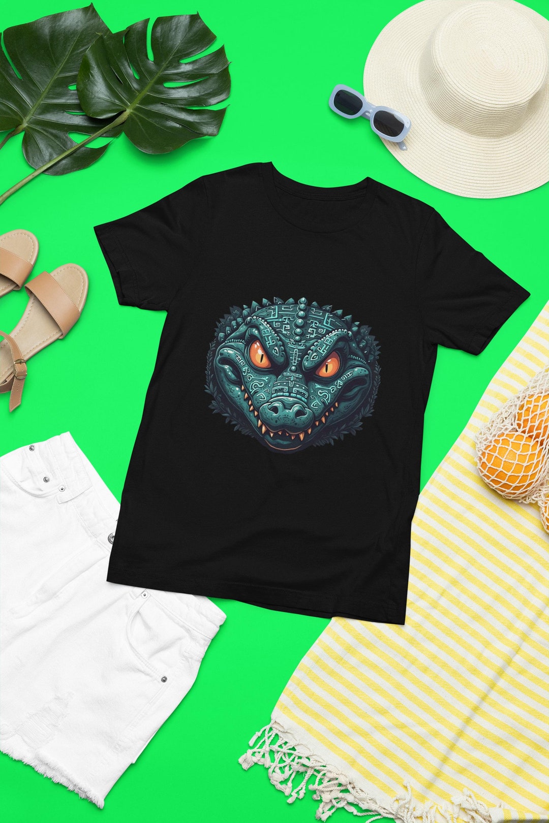 Evil Crocodile Men Tee, Inca Symbol Tattoo Shirt, Bold Tribal Animal ...