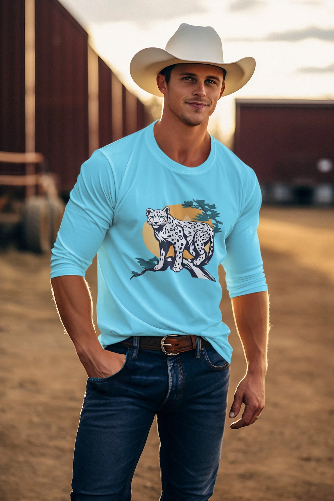 Snow Leopard on the Moon Background Long Sleeve Tee, Streetwear Cotton ...