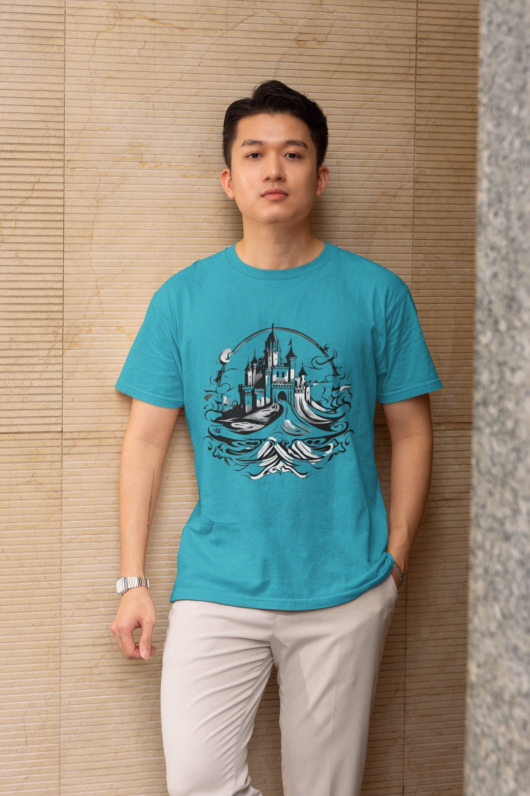 Mythic Atlantis T-shirt: Mystic Castle & Ocean Waves Design - Etsy