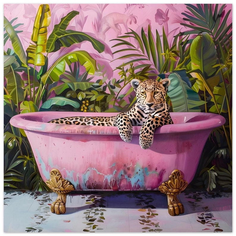 Leopard in Bathtub Bathroom Animal Print, Maximalist Animal in Bath ...