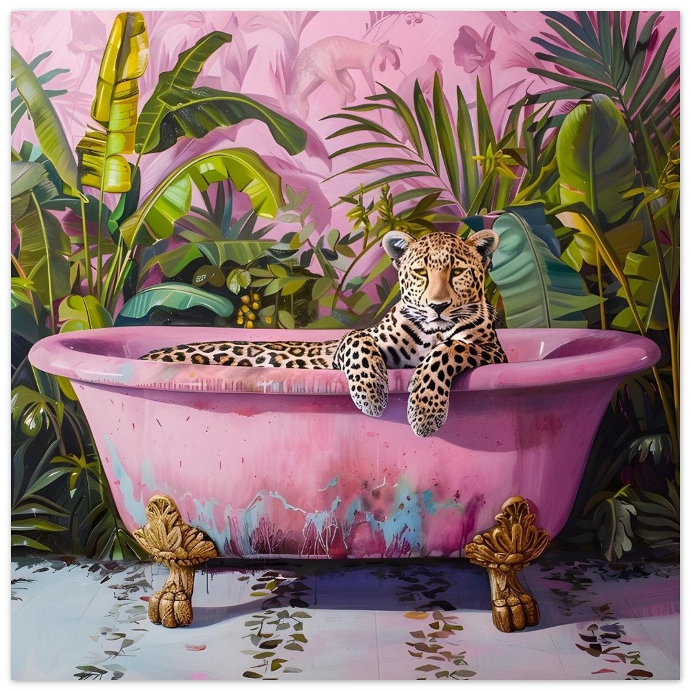 Leopard in Bathtub Bathroom Animal Print, Maximalist Animal in Bath ...