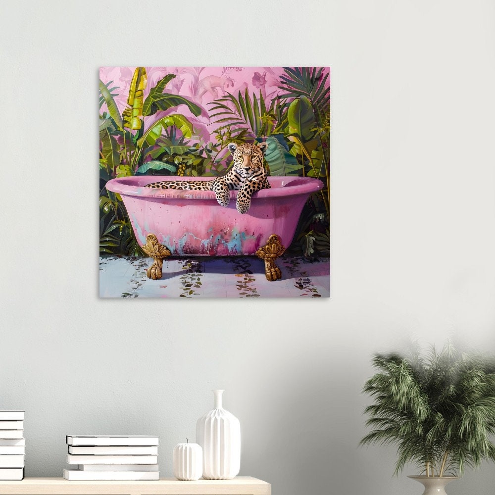 Leopard in Bathtub Bathroom Animal Print, Maximalist Animal in Bath ...