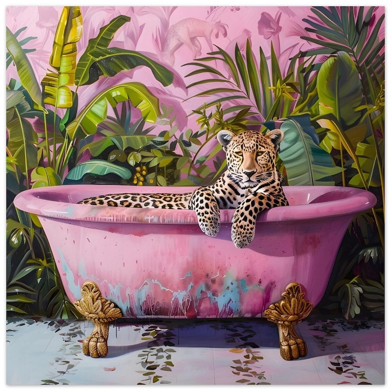 Leopard in Bathtub Bathroom Animal Print, Maximalist Animal in Bath ...