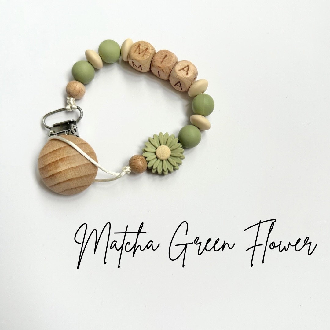 Personalised Dummy Clip Flower Daisy Wooden Letter Beige Silicone ...