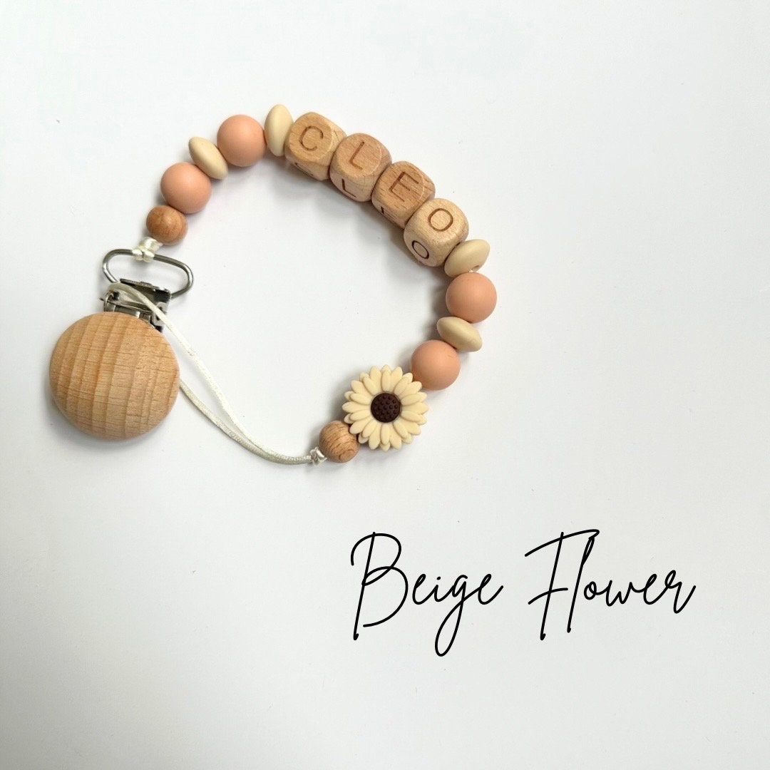 Personalised Dummy Clip Flower Daisy Wooden Letter Beige Silicone ...