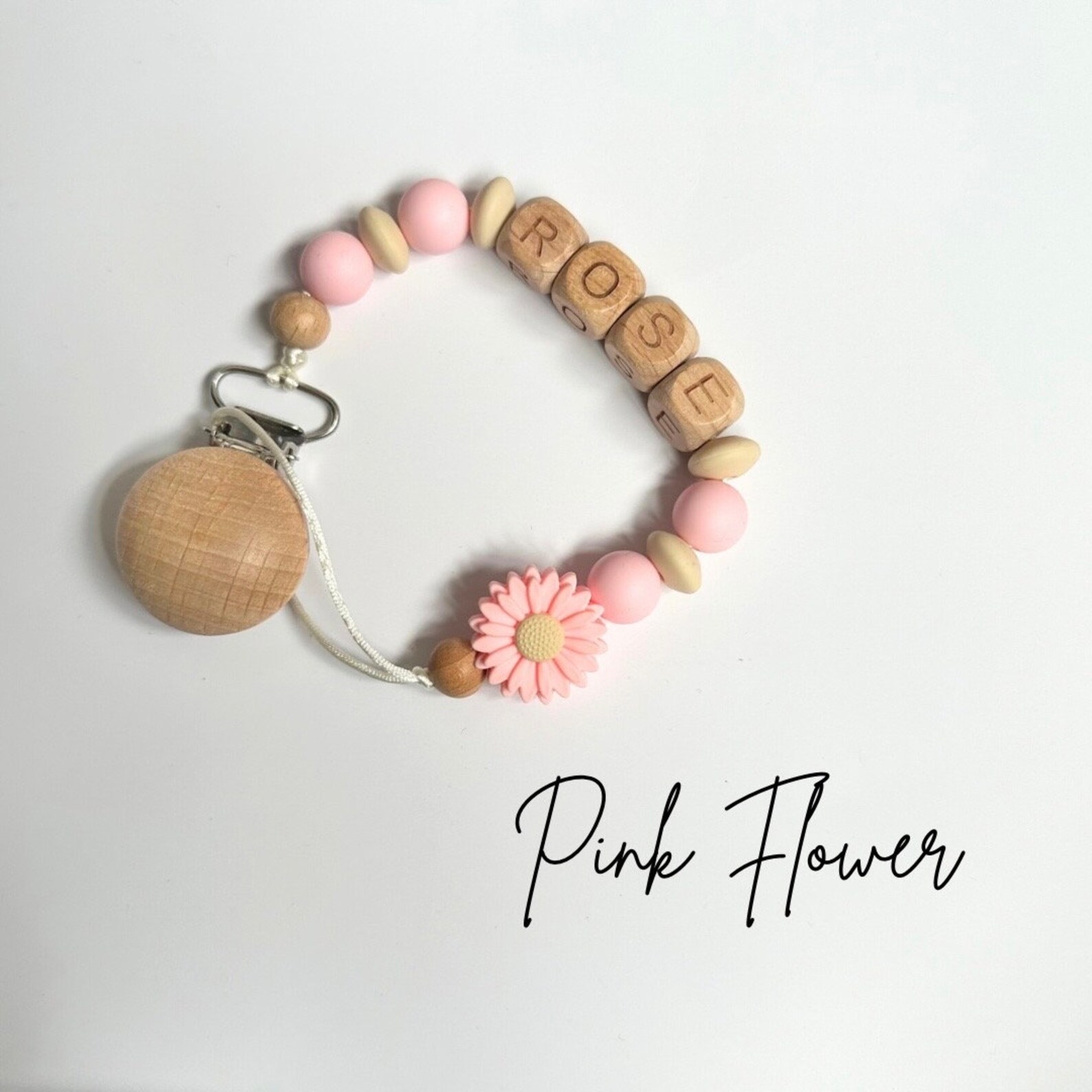 Personalised Dummy Clip Flower Daisy Wooden Letter Beige Silicone ...