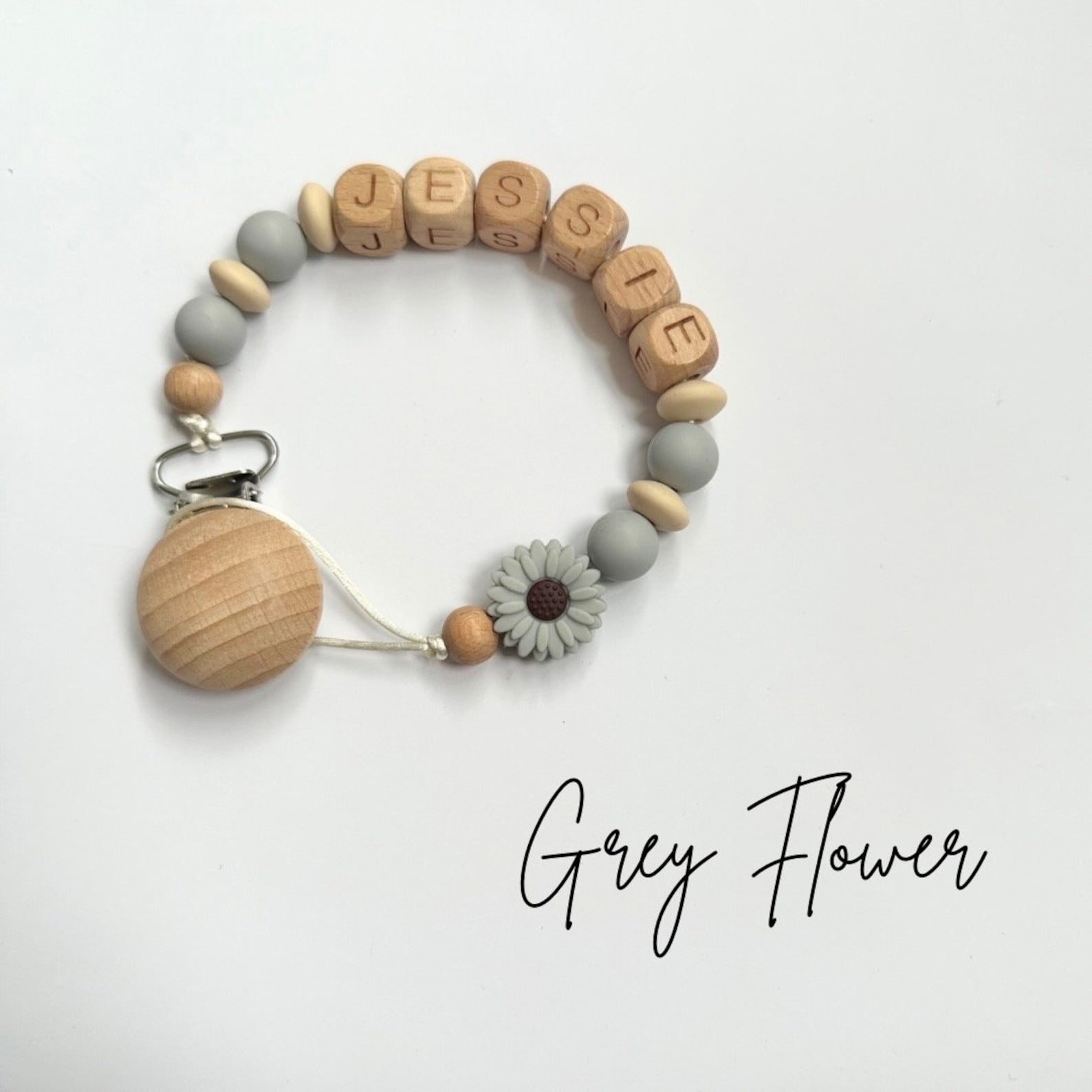 Personalised Dummy Clip Flower Daisy Wooden Letter Beige Silicone ...