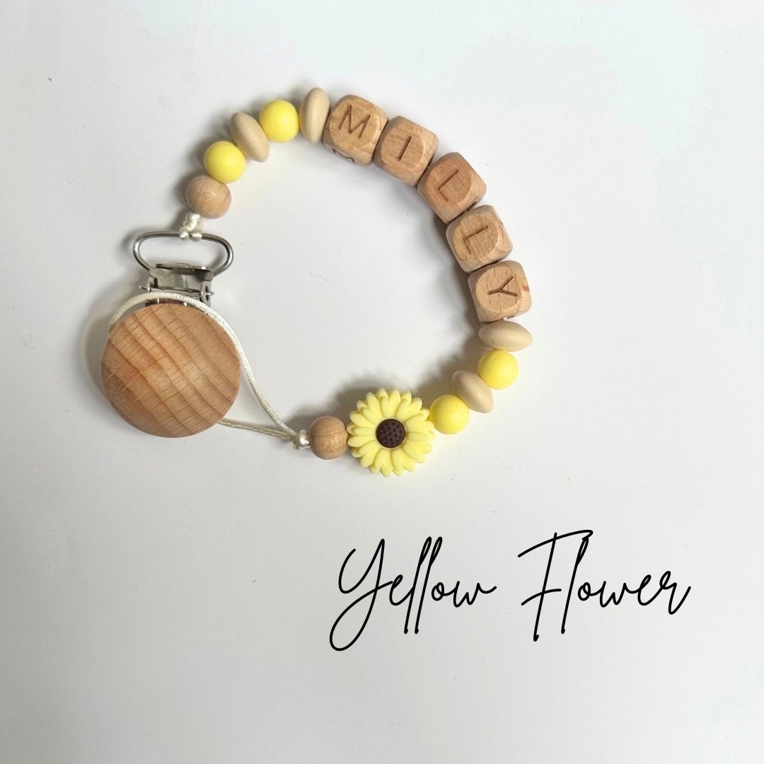 Personalised Dummy Clip Flower Daisy Wooden Letter Beige Silicone ...