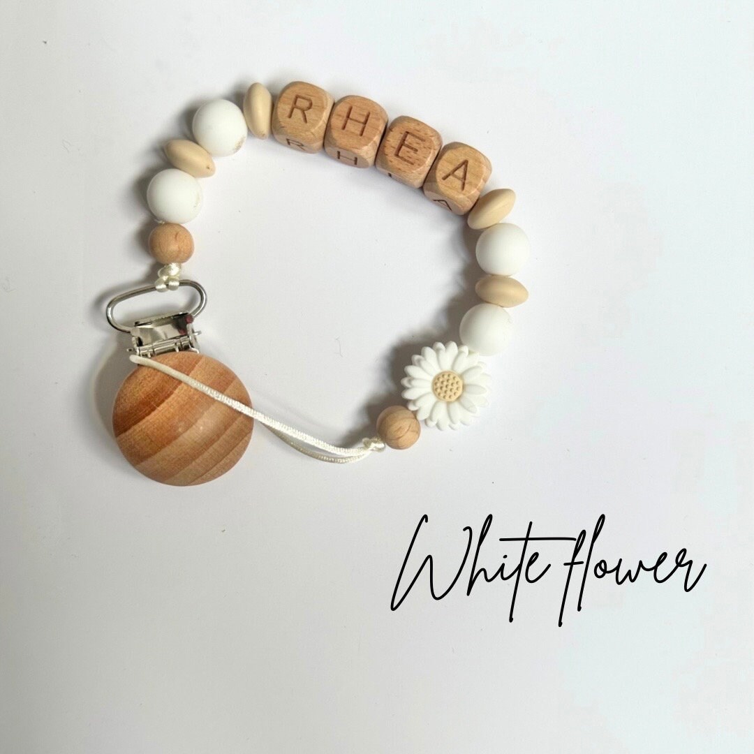 Personalised Dummy Clip Flower Daisy Wooden Letter Beige Silicone ...