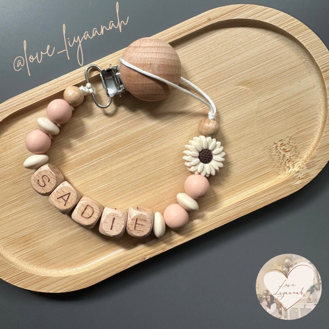 Personalised Dummy Clip Flower Daisy Wooden Letter Beige Silicone ...