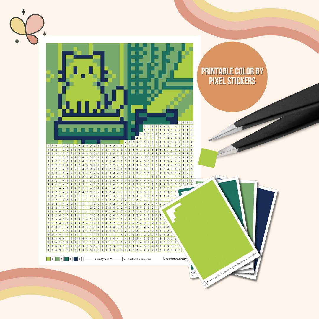Printable Color by Number Pixel Stickers Kawaii Cat Retro Game Console ...
