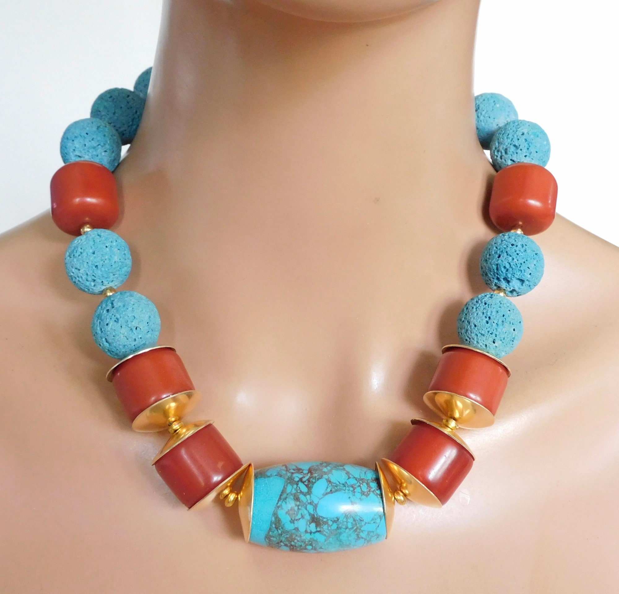 LILA Handmade African Beads Turquoise Lava Stone Huge Turquoise ...