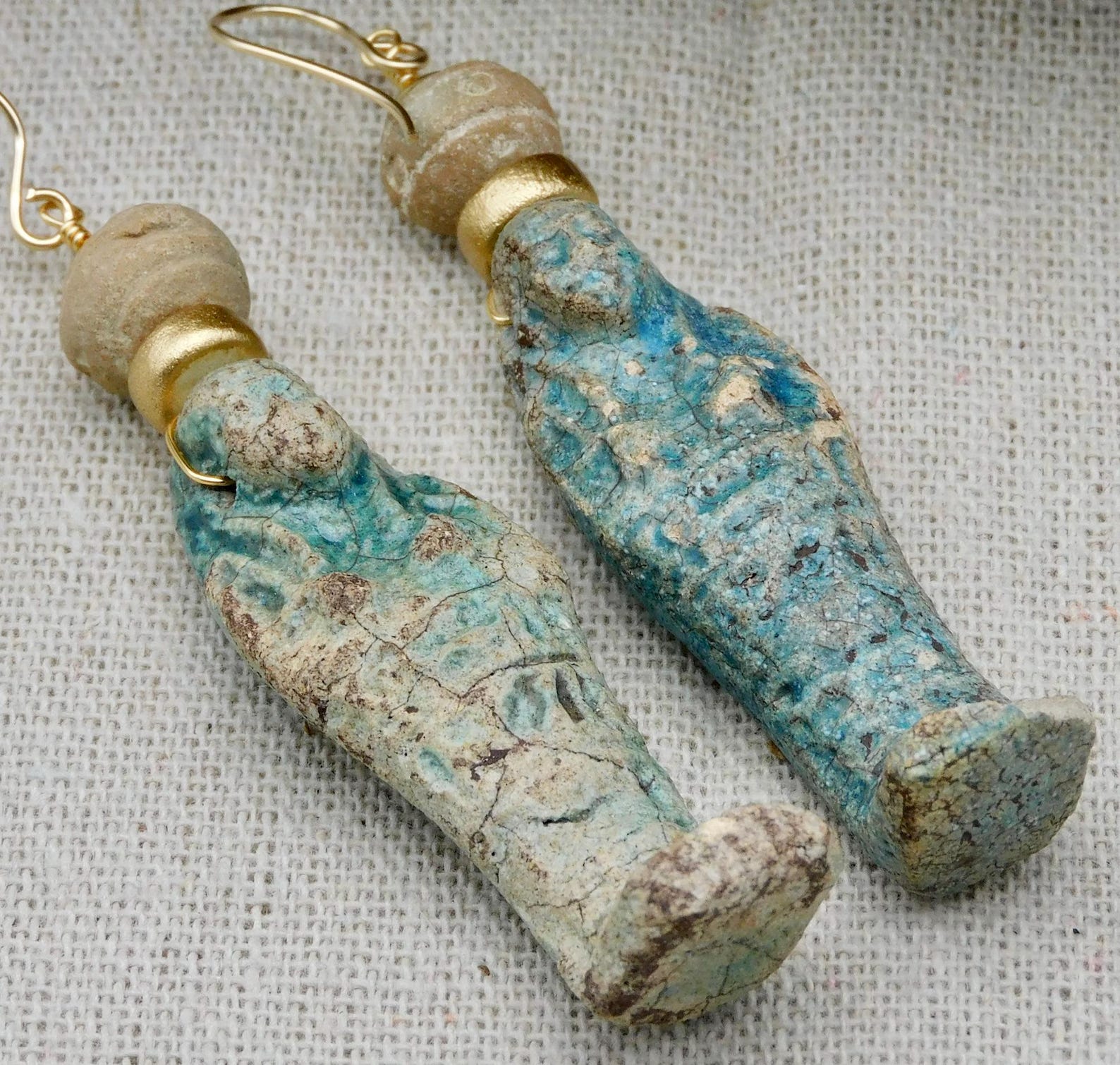 EGYPTIAN FAIENCE Mummy Charms Primitive 1 of a Kind Statement Earrings ...