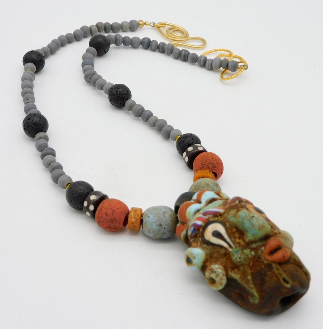 Vintage Phoenician Primitive Glass Face Pendant Mixed Old Handmade Thai ...