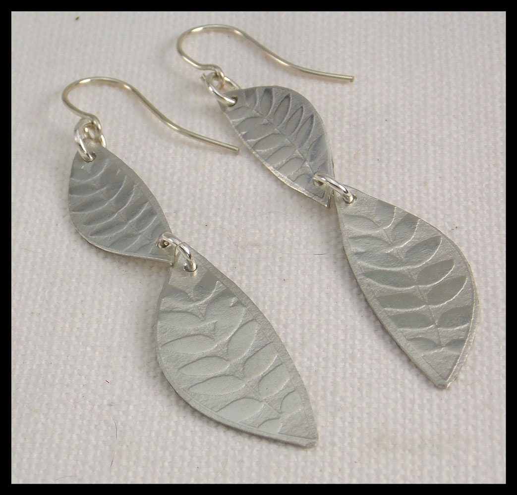 SILVER LEAVES - Handforged Embossed Pewter Leaf Branches Long Earrings ...