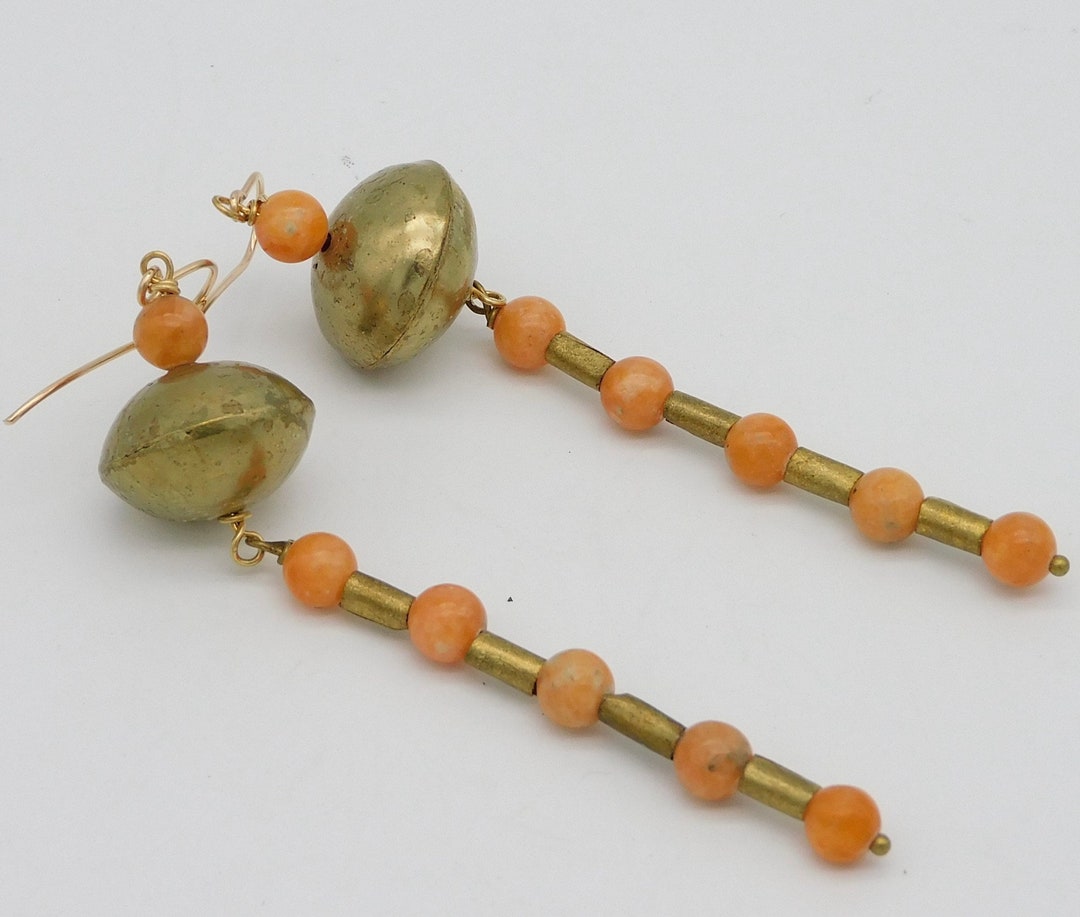 Handmade African Brass Earrings: Orange Calcite Dangle Earrings - Etsy