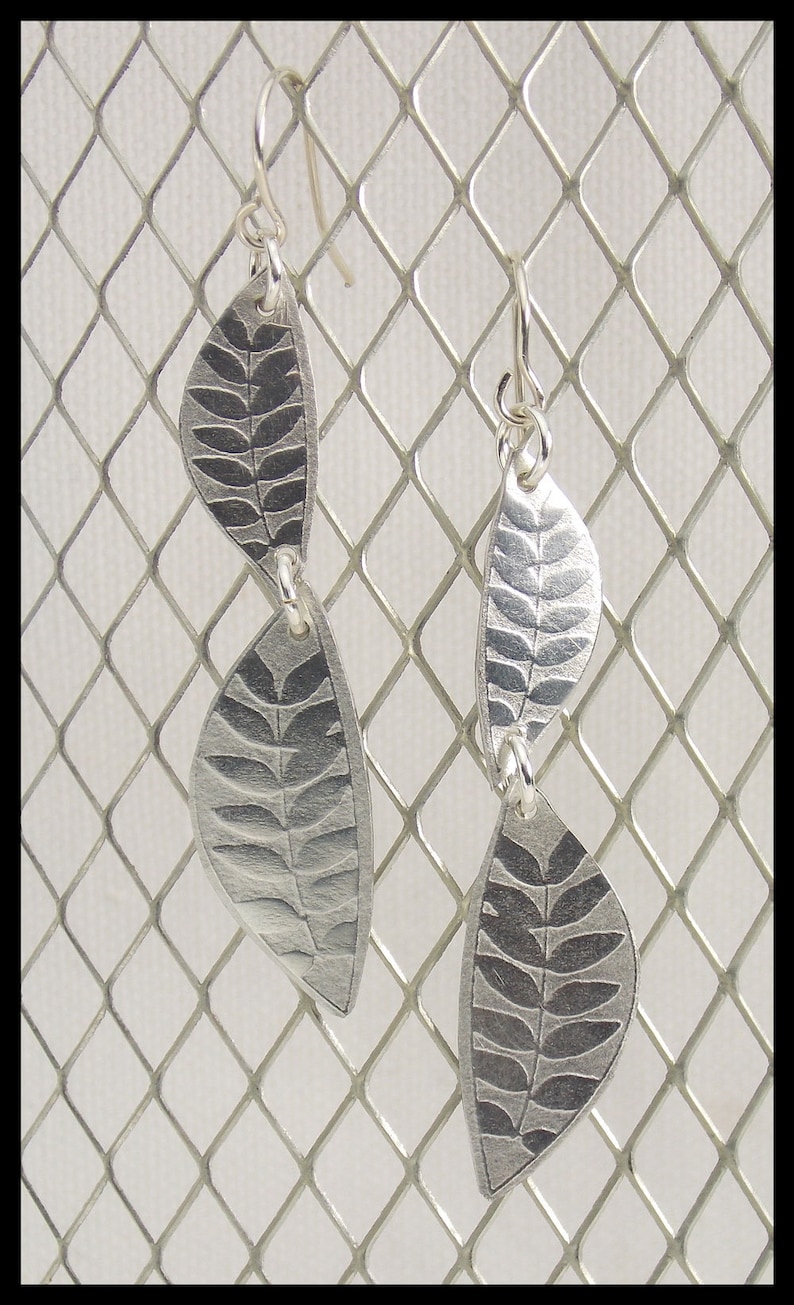 SILVER LEAVES - Handforged Embossed Pewter Leaf Branches Long Earrings ...