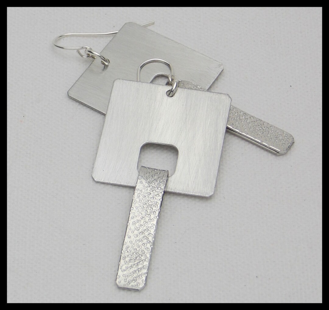 MOD SQUARES - Handforged Pewter Modern Art for the Ears Long Earrings ...