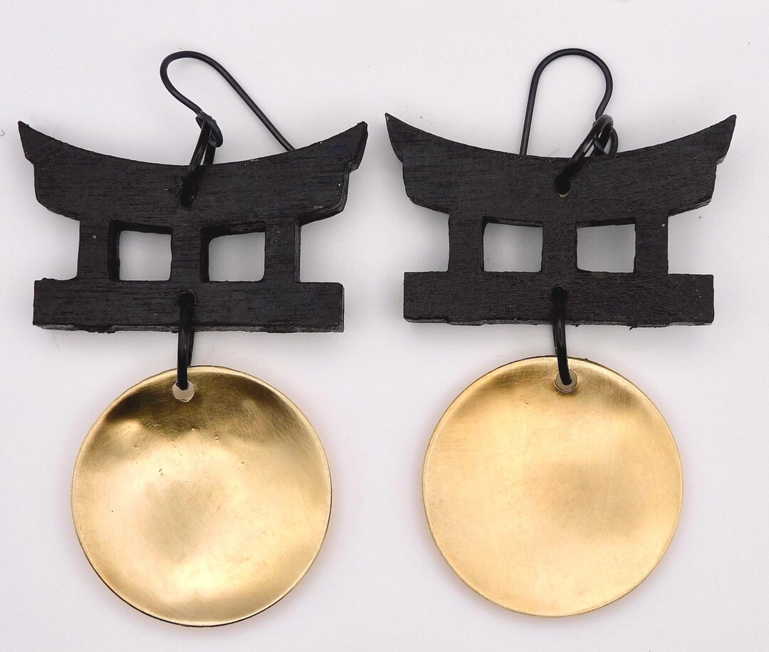 PAGODA AND GONG Earrings - Handpainted Pagodas - Handforged Brass Gongs ...