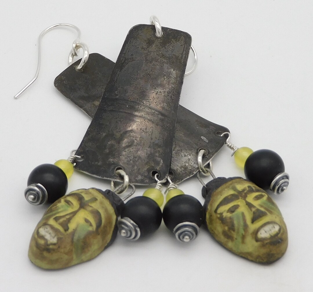 ANCIENT WARRIOR Handmade Sandstone African Masks Vintage Tin Peridot ...