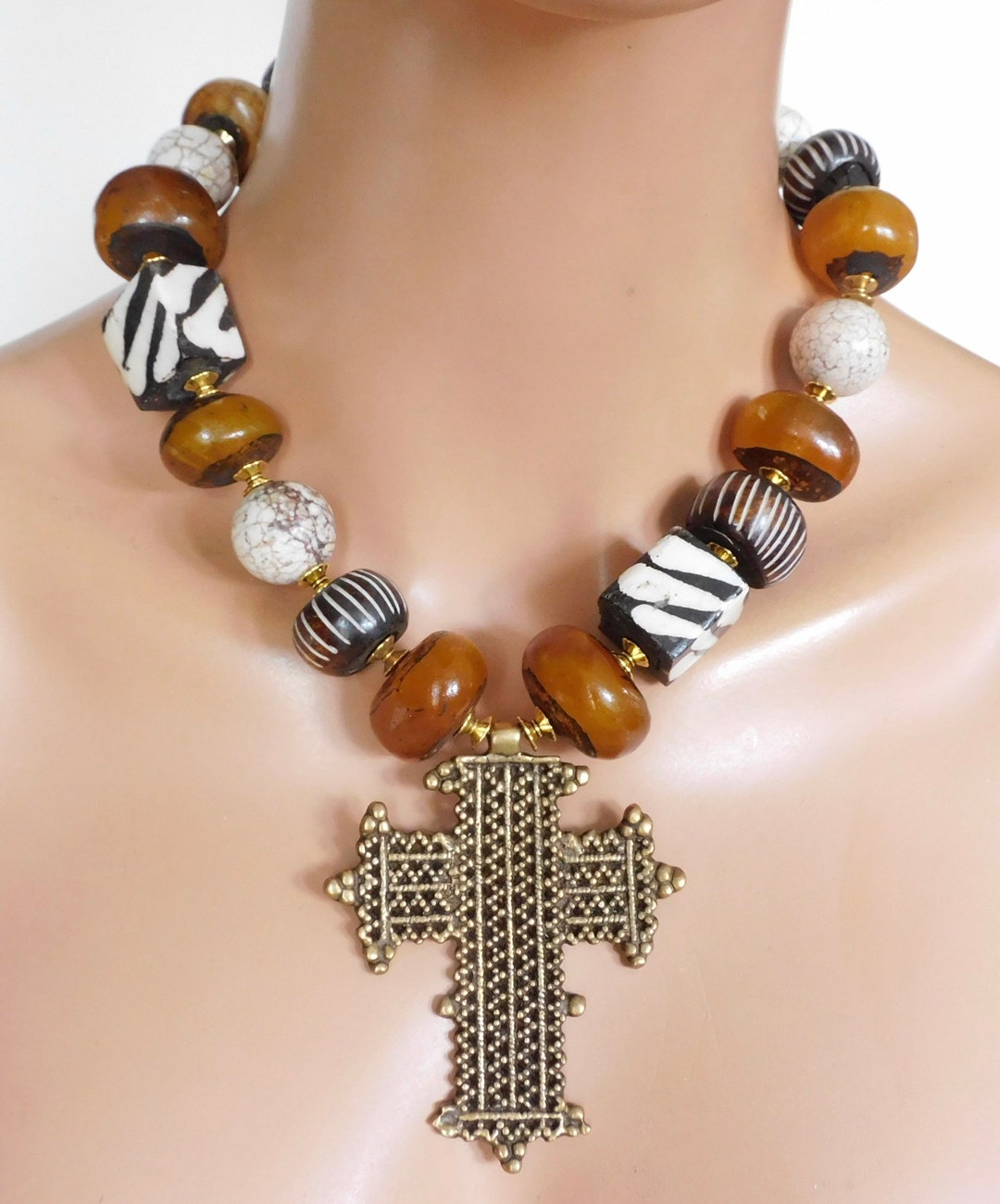 COPTIC CROSS Mixed African Statement Beads Handmade African Coptic ...