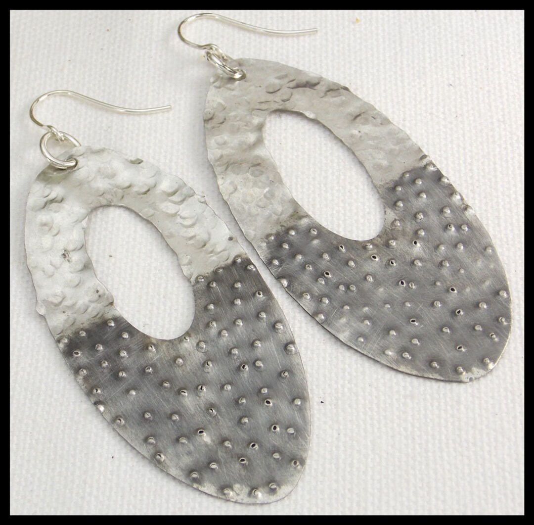 CRISTA - Handforged Dimpled Hammered Oxidized Long Oval Pewter Earrings ...