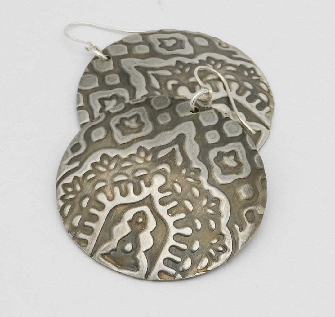 INDIA - Handforged Embossed and Oxidized Pewter Statement Earrings - Etsy