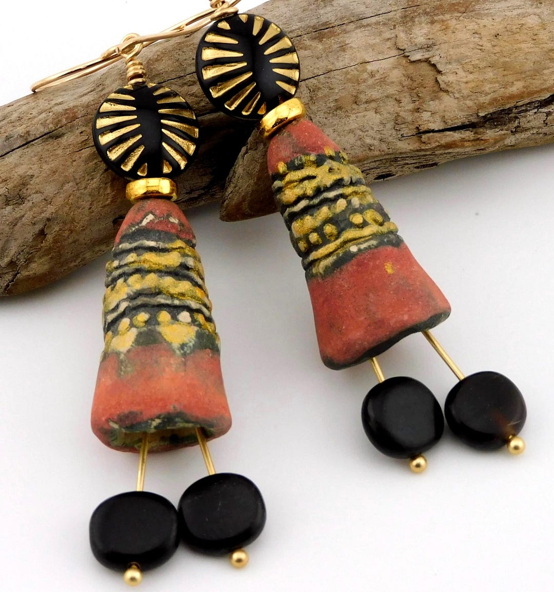 Handsculpted Stoneware Long Bells Earrings - Handpainted - Horn and ...