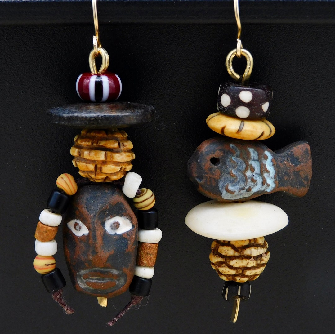 TRIBAL AFRICA Handmade Ceramic Face and Fish Charms Mixed African Beads ...